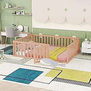 GLANZEND Full Size Floor Bed, Frame with Fence-Shaped Guardrails and Lockable Door, Solid Wood Montessori Platform Bed for Kids, Toddlers, Boys Girls, No Box Spring Needed, Natural