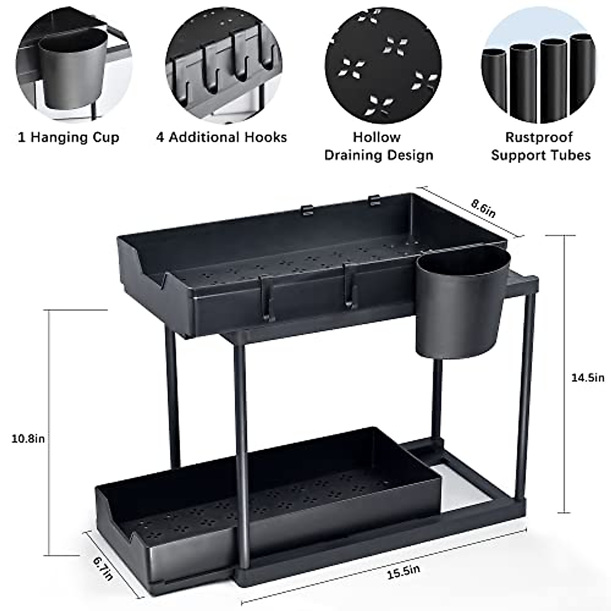 MYITYARD Under Sink Organizers and Storage, 2 Tier Pull Out Sliding Drawer with Hanging Cup and 4 Hooks, for Bathroom Kitchen Cabinet Multifunctional Under Sink Storages Shelf, Black