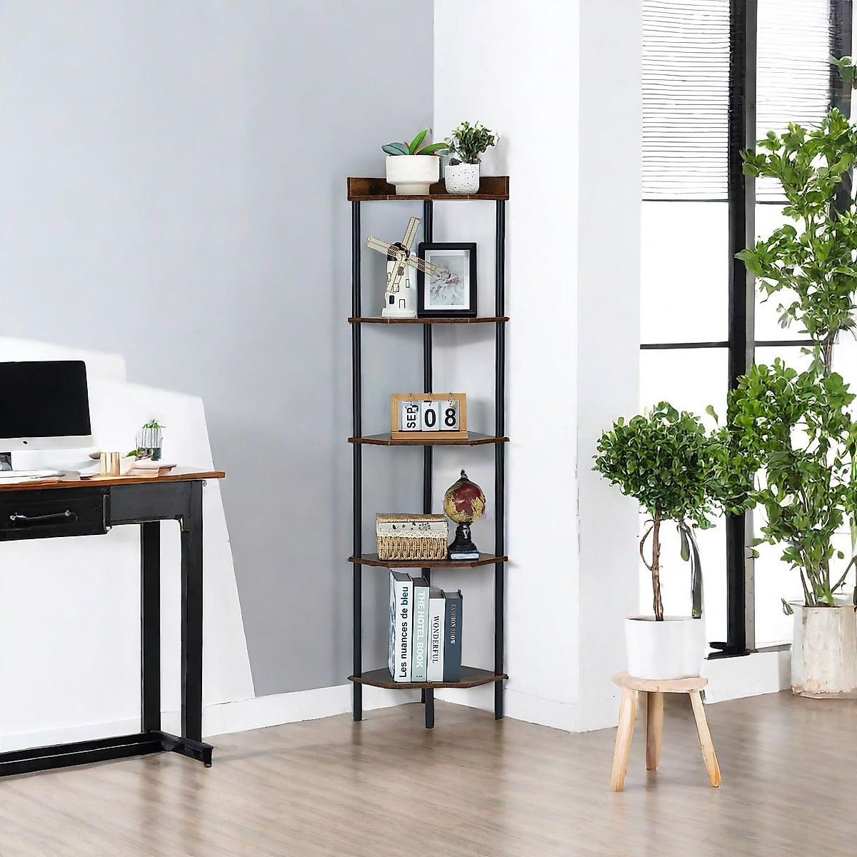 Corner Shelf Stand, Tall Corner Book Shelf Industrial 5 Tier Corner Display Rack Multipurpose Shelving Unit Corner Bookcase for Small Spaces Living Room Bedroom Home Office (Rustic Brown-5-Tier)