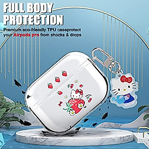 Cute Strawberry Cat Airpods case for AirPods Pro Cartoon Air Pod Pro Cover Clear with Funny Kawaii Anime Keychain for Women Girls Kids Protective Soft Silicone Cover for AirPod Pro (2019)