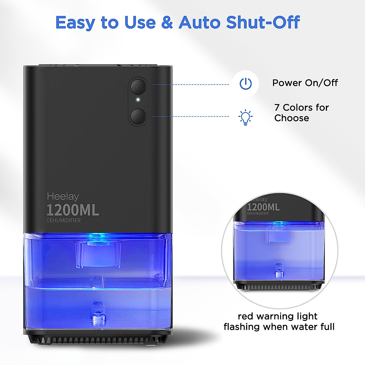 Dehumidifier for Bedroom, Heelay 40 OZ Water Tank with Handle/Auto Shut Off/7 Colors LED 2024 Newly Portable Small Dehumidifiers for Bathroom Room Quiet Closets RV (320 sq. ft) Camper Black