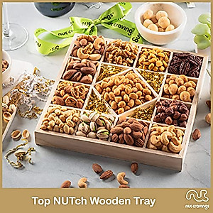 Mixed Nuts Gift Basket in Reusable Wooden Tray + Green Ribbon (13 Assortments) Purim Mishloach Manot Gourmet Food Bouquet Arrangement Platter, Birthday Care Package, Healthy Kosher Snack Box