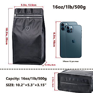 50 Pack Coffee Bags with Aluminum Foil and Degassing Valve, Resealable High Barrier Storage Bags, Odor-Proof for Coffee Beans, Stand Up Coffee Pouch, Flat Bottom (Large-16OZ, Black)