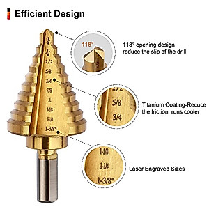 Step Drill Bit, WEAVERBIRD Titanium Drill Bit Set (1/4" to 1-3/8"), HSS Drill Cone Bits with Double Cutting Blades, Small Drill Bits, Cone Drill Bit for Soft Metal Sheet/Wood/Plastic Drilling Cutting