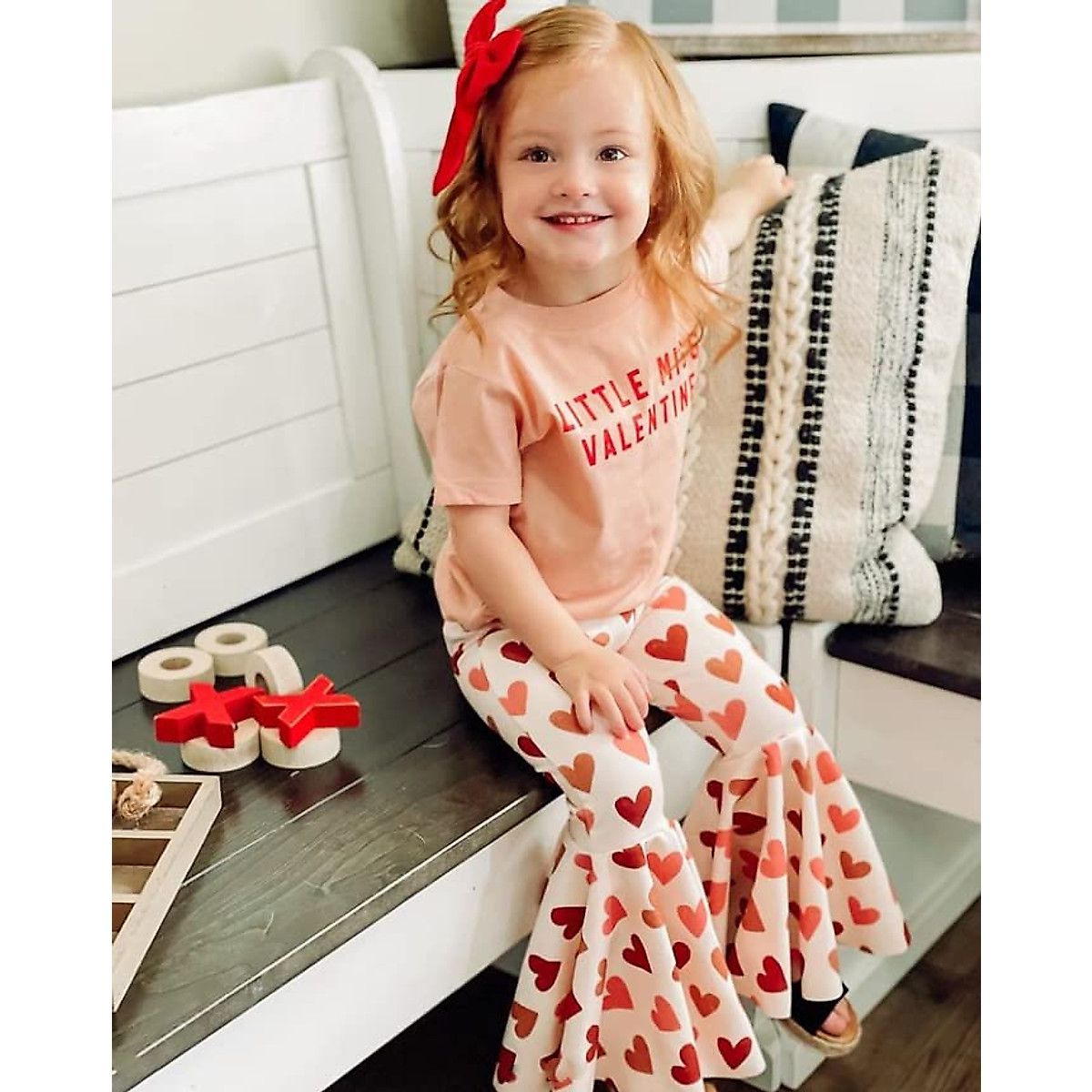 FYBITBO Toddler Baby Girl Valentines Day Outfit Little Miss Short Sleeve Tee Shirt Top Heart Bell Pants Spring Clothes (Heart print pink,6-12 Months)