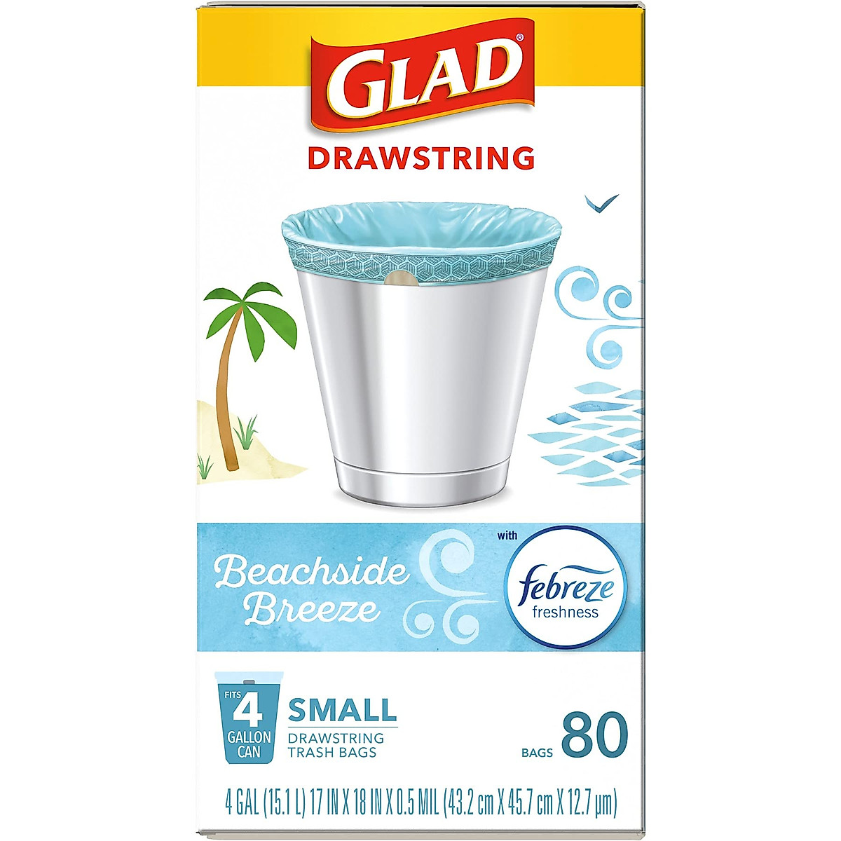 GLAD Small Drawstring Trash Bags, 4 Gallon Green Trash Bags for Small Kitchen or Office Trash Can, Beachside Breeze with Febreze Freshness to Eliminate Odors, 80 Count - Packaging May Vary