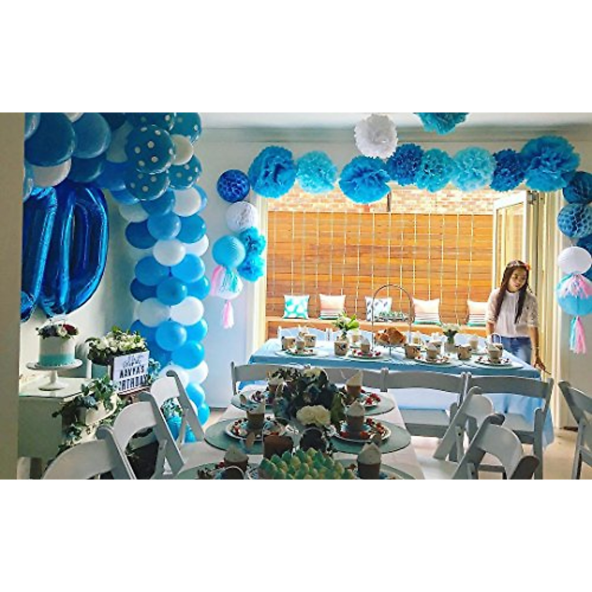 Furuix Boy Baby Shower Decorations 13pcs White Navy Blue Baby Blue Tissue Paper Pom Pom Paper Lanterns Blue Star Garland Honeycomb Ball for Birthday Decor, Bridal Shower Decor/Outer Space Party Decor