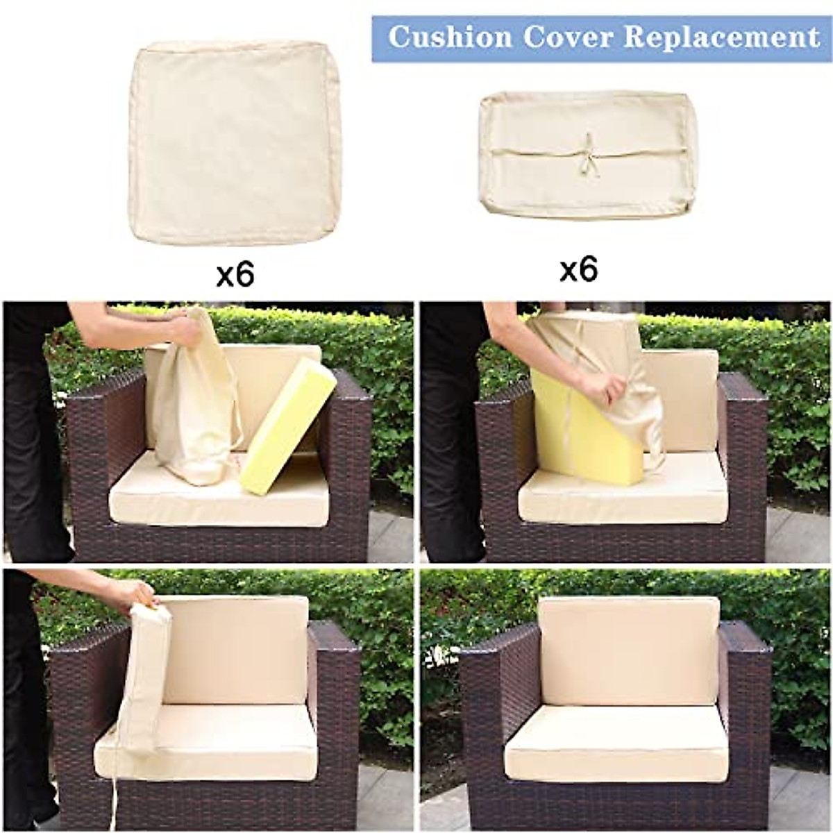 Qaworci Outdoor Cushion Slipcovers, Waterproof Patio Cushion Covers Replacement, Washable Patio Cushion Covers, Cushion Covers for Patio Furniture with Zipper (Beige)