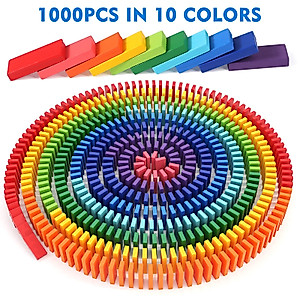 1000 PCS Dominoes for Kids Wooden Building Blocks Bulk Dominoes Set Racing Tiles Family Game for Adults and Kids with Extra 11 Add-on Blocks and Storage Bag