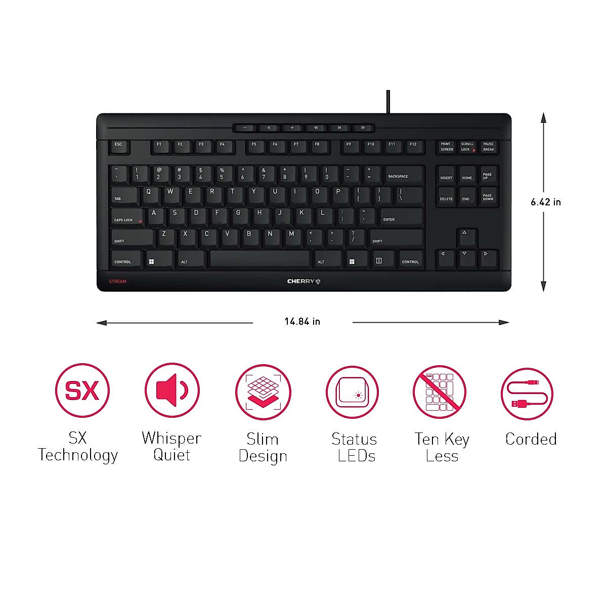 CHERRY Stream Keyboard TKL Wired USB TenKeyLess Compact Version without Number Pad. Silent Keystroke. Ideal for Office and Industrial Use.