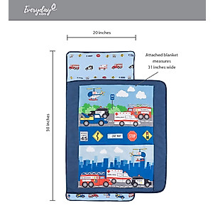 EVERYDAY KIDS Toddler Nap Mat with Removable Pillow -Fire Police Rescue- Carry Handle Fastening Straps Closure, Rollup Design, Soft Microfiber for Preschool, Daycare, Sleeping Bag -Ages 2-6 years