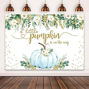 Mocsicka Boy Pumpkin Baby Shower Backdrop Greenery Blue Floral Fall Baby Shower Background A Little Pumpkin is On The Way Baby Shower Party Cake Table Decoration Banner Photo Booth Props (7x5ft)