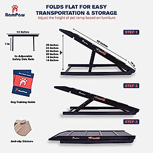 Adjustable Pet Ramp for All Dogs and Cats, 48" Long with Safety Side Rails - for Couch or Bed with Paw Non Slip Traction Mat & Steps, Adjustable Height - Sturdy, Dog Training Manual (Black)