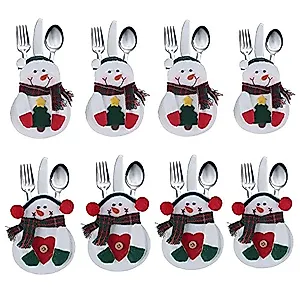 Deggod 8Pcs Christmas Tableware Holders Set, White Snowman Knife and Fork Bags Covers for Thanksgiving New Year Christmas Party Decorations Xmas Dinner Table Decor Ornaments (White)