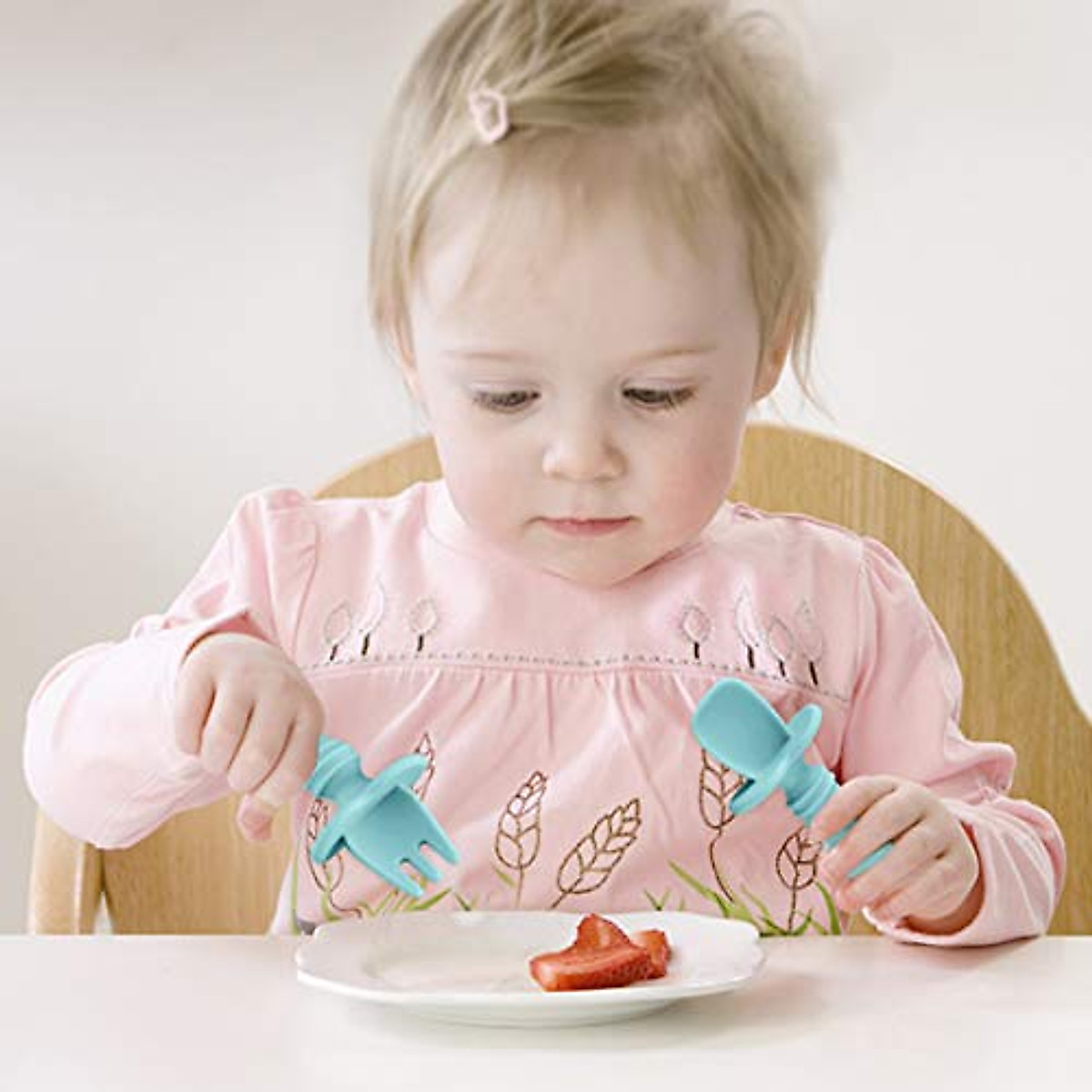 Baby Fork and Spoon Set, Silicone Self Feeding Utensil Easy Grip Toddler Cutlery Kit with Carry Case BPA-Free Anti-Choke for Infant Toddler Children First Led Training Weaning, 6-12 Month (Blue)