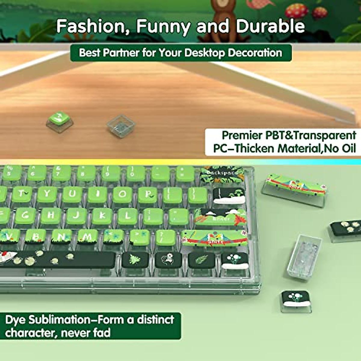 120 Key PBT Pudding Keycap Set ASA Profile with Transluscent PC Layer Dye-Sub Jungle Theme for 61/68/84/98/100/104Key TKL Cherry MX Gateron Kailh Cross Type Switch ANSI Mechanical Keyboard DIY(Green)