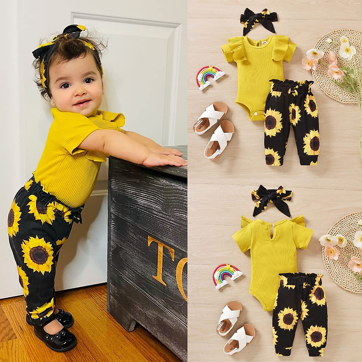 Unutiylo Preemie Baby Girl Clothes Ribbed Pants Set Ruffle Clothing Set Short Sleeve Sunflower Summer Outfits Yellow