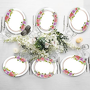 Qyeahkj 50 PCS Floral Oval Paper Plates Large 11” Disposable Pink Purple Flower Party Decorations Floral Supplies Favor for Spring Holiday Wedding Tea Party Tableware Set