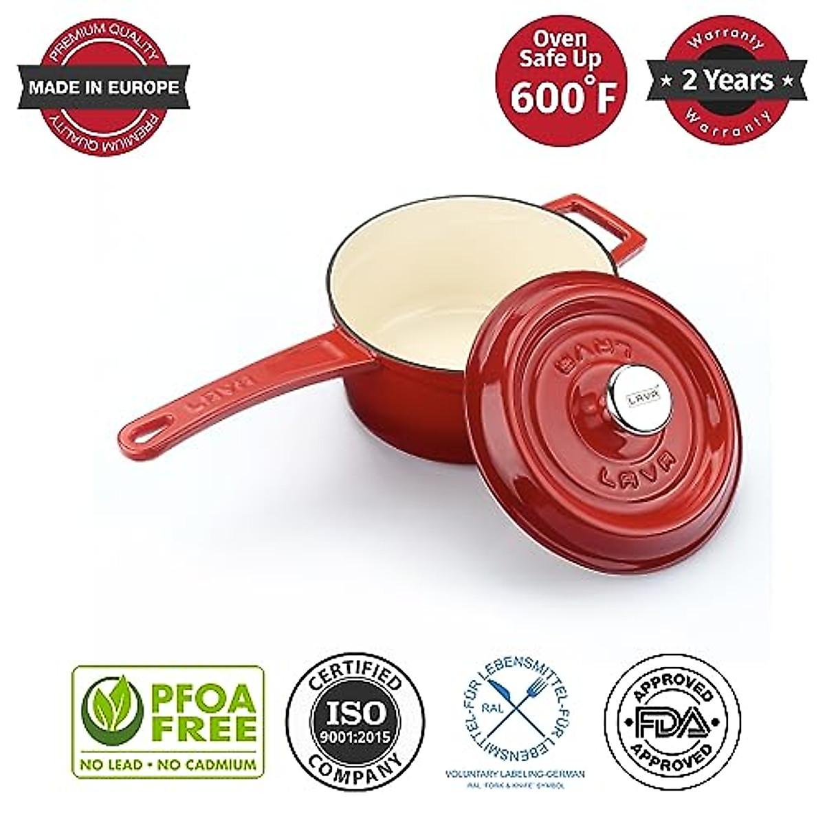 Lava Light-Colored Sand Enameled Cast Iron Sauce Pan, 1.5 Quarts Round Sauce Pot, Glossy Sand-Colored Three Layers of Enamel Coated Interior, Long Handle with Lid (Red)