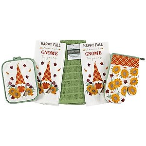 Fall Decor Kitchen Towels and Pot Holder Set: Garden Gnomes and Country Plaids with Autumn Sunflowers Welcome You from Our Gnome to Yours