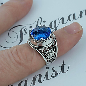 Filigranist 925 Sterling Silver Filigree Art Blue Quartz Gemstone Women Cocktail Statement Ring, Luxurious Gift Boxed (Blue Quartz, 10.5)