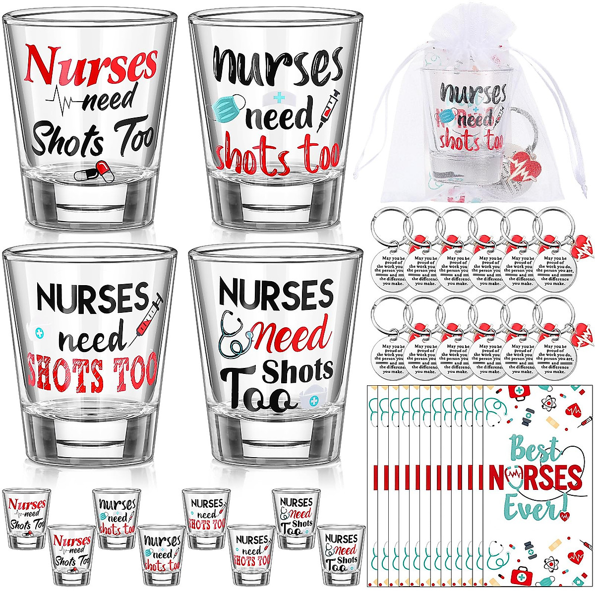 FoldTier 48 Pieces Nurse Gifts Include 12 Nurse Shot Glasses 1.8 Oz 12 Keychains 12 Gift Bags 12 Cards Nurse Appreciation Gifts for Nursing Students Graduation Gift Funny Birthday Presents School Gift