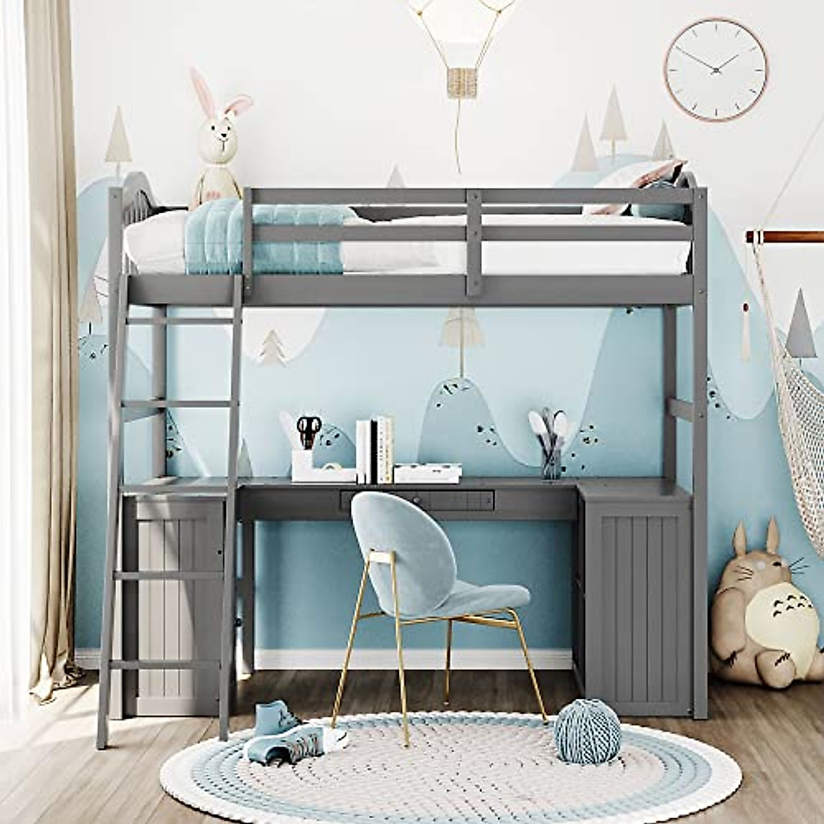 GJHOME Kids Loft Bed with Desk and Drawers, Wooden Twin Loft Bed with Storage Shelves and Angled Ladder, High Loft Bed Frame for Kids, Teens, Adults Boys & Girls, Gray