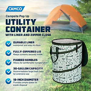 Camco Pop-Up Utility Container | Features Heavy Duty Liner & Zipper Close Lid | Holds 30-Gallon Kitchen-Size Trash Bags | Stands 2-Ft Tall & Collapses for RV Storage and Organization (42996)