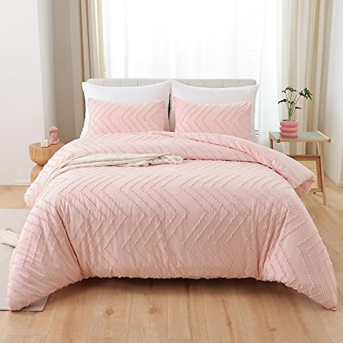YIRDDEO Pink Comforter Queen Size 3Pcs, Boho Chevron Comforter Set Queen Blush Farmhouse Bedding Sets Queen, Vertical Tufted Comforter, Lightweight Neutral Boho Bed Set (1 Comforter, 2 Pillowcases)