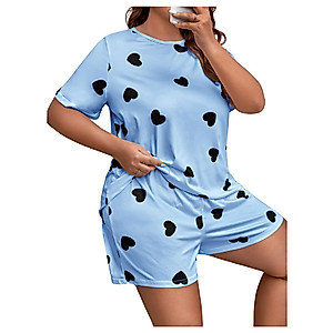 GORGLITTER Women's Plus Size 2 Piece Pajama Set Heart Print Short Sleeve Crewneck Tee with Shorts Pjs Set Light Blue 4X-Large Plus
