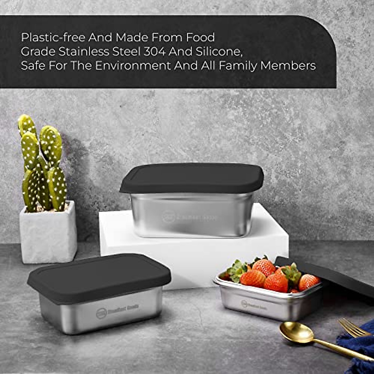 Stainless Steel Containers with Lids for Food Storage – Set of 3 Stackable Stainless Steel Snack Containers for kids – Leakproof Rectangle Bento Boxes for Meal Prep, Snacks, Black