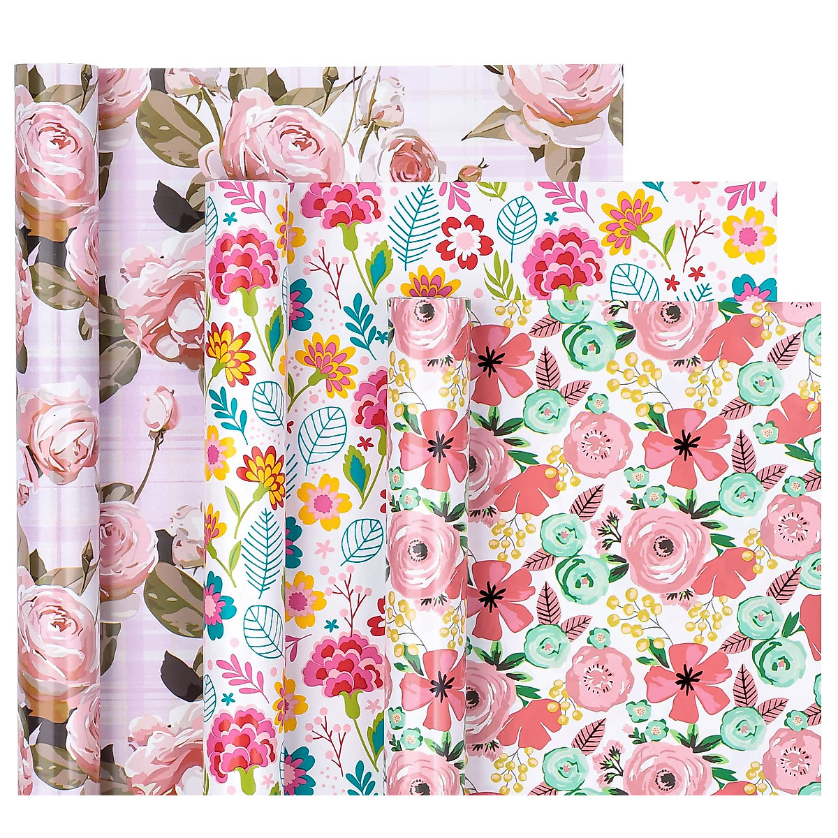 WRAPAHOLIC Wrapping Paper Roll - Mini Roll - 3 Rolls - 17 Inch X 120 Inch Per Roll - Elegant Floral for Wedding, Birthday, Holiday, Baby Shower
