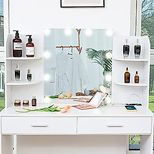usikey Large Vanity Set with Lighted Mirror & Charging Station, Makeup Vanity Tables with 2 Drawers, 6 Shelves, 10 Embedded Light Bulbs, Vanity Desk with Cushioned Stool for Bedroom, White