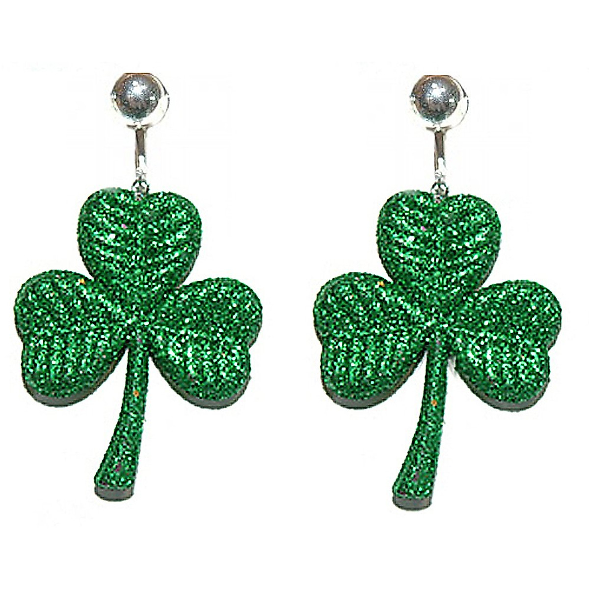 Large Green Glitter Shamrock St Patrick's Day Clip On Earrings (H040clip)