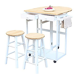 LOVINE Small Dining Tables for Small Spaces,with 2 Square Stools and 2 Drawers Solid Wood Kitchen Table and Chair Set