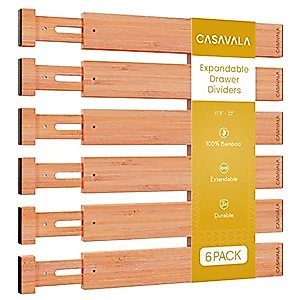 Casavala Expandable Drawer Organizer (6 Pack) Expandable Bamboo Drawer Dividers for Kitchen, Bathroom, Dressers, Home & Office, Bamboo Drawer Dividers Set of 6