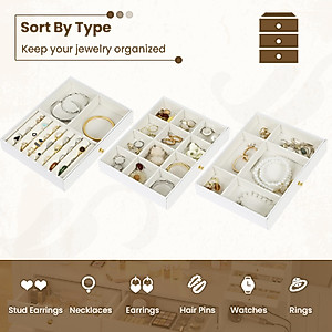 HAUOMS Makeup Vanity with Lights & Sliding Mirror, Vanity Desk with Jewelry Organizer, Glass Cabinet & 5 Drawers, Dressing Table, Modern White