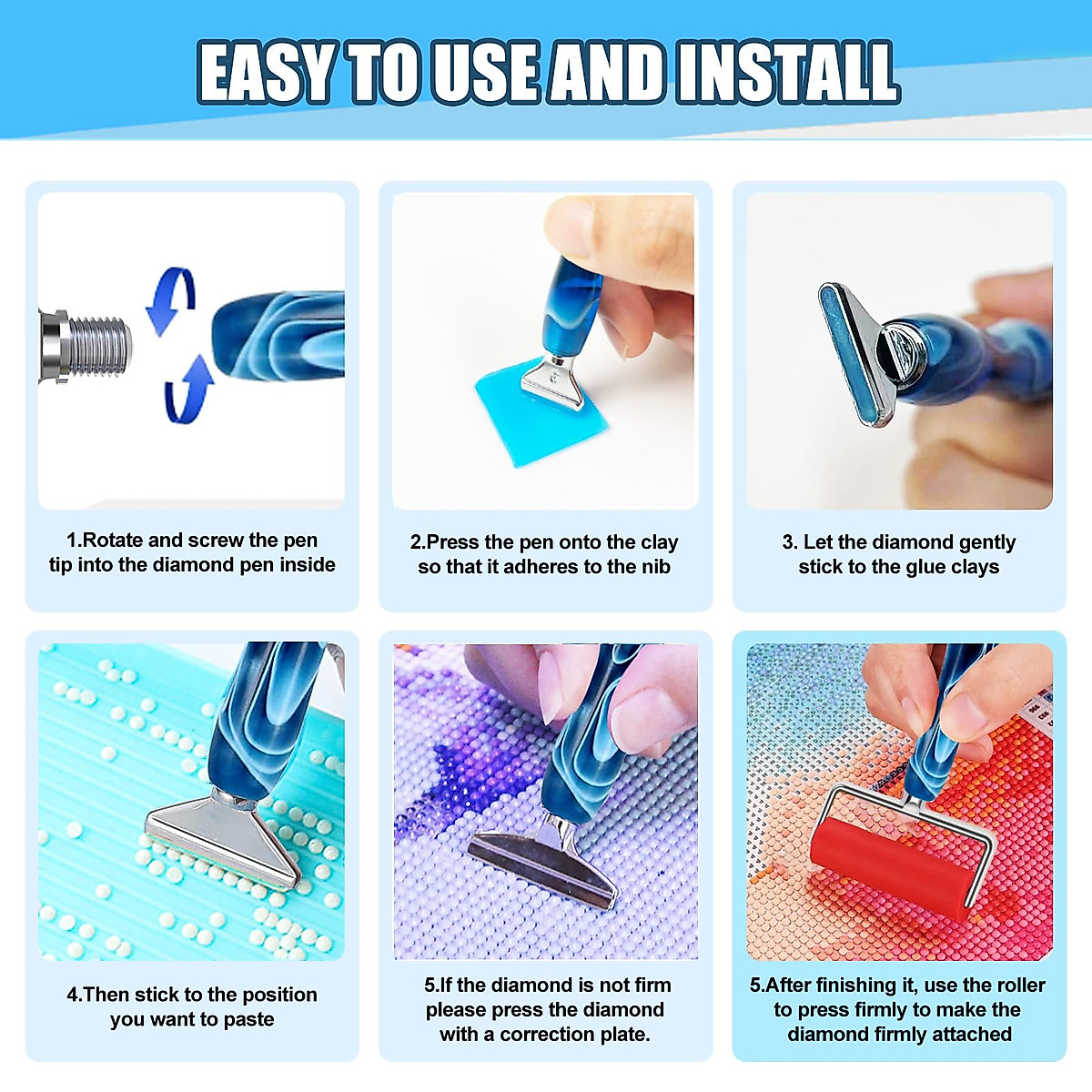 14PCS Diamond Painting Pen Accessories Tools Set, Exquisite Stainless Steel Metal Pen Tips,Ergonomic Diamond Art Drill Pen and 6 Painting Glue Clay,Comfort Grip and Faster Drilling (Blue Silver)