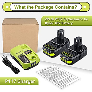 2Pack 3.0Ah P108 P102 Replacement for Ryobi Battery 18V Lithium + P117 Charger for Ryobi 18v Lithium Battery 18V P108 P107 P104 P105 P102 P103 Charger with 260051002 P117 P118 P119 P113 BCL1418
