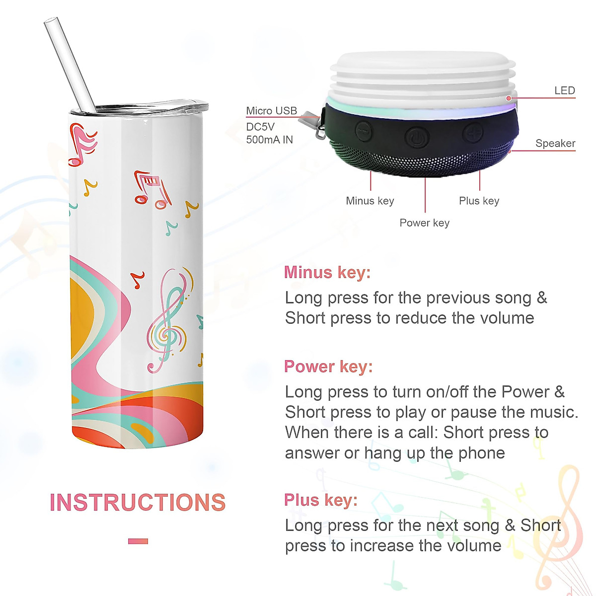 Icesip 12 Pack Music Speaker Tumbler, 20 oz Sublimation Tumbler Skinny Straight Double Wall Music Speaker Tumbler Cup with Straw Lid & USB Charging Cable Balck