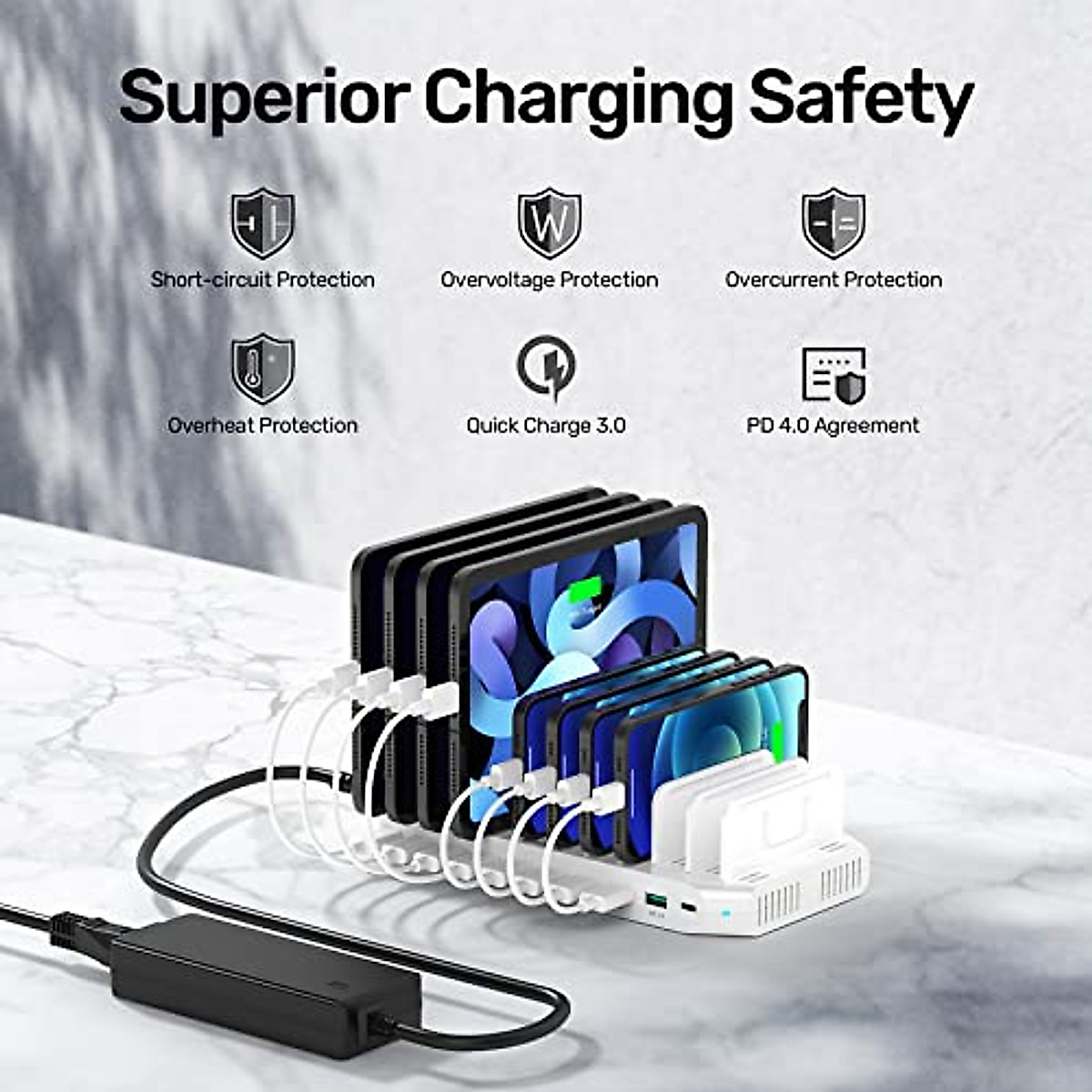USB C PD 60W Charging Station with QC 3.0, Unitek 160W 10-Port USB Quick Charger Dock, Power Delivery Compatible with Laptop MacBook, Pixel, Upgraded Dividers