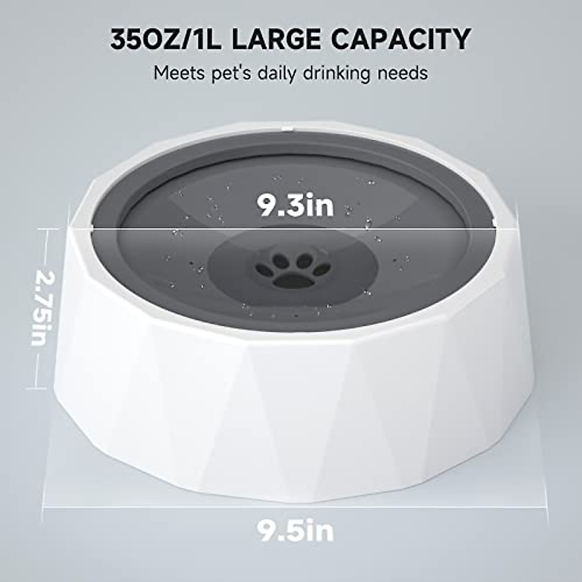 ELS PET Dog Bowl No Spill, Pet Water Bowl No Drip Slow Water Feeder Cat Bowl, Pet Water Dispenser 70oz/2L Large Capacity Travel Water Bowl for Dogs, Cats (Grey with Filter, 1L)