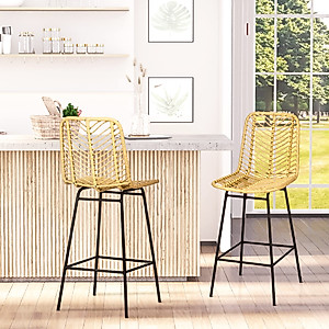 HOMCOM Modern Rattan Bar Stools, Breathable Steel-Base Wicker Counter Height Barstools for Kitchen Counter, Set of 2, Yellow