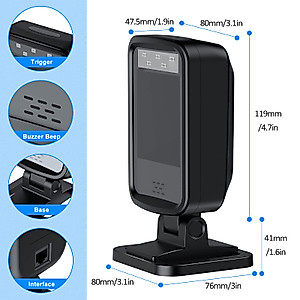 1D/2D Automatic Omnidirectional Desktop Wired USB Bar Code Scanner Reader,Plug and Play,Handsfree Barcode Scanner for Warehouse, Supermarket, Retail Store, Bookstore Pos System