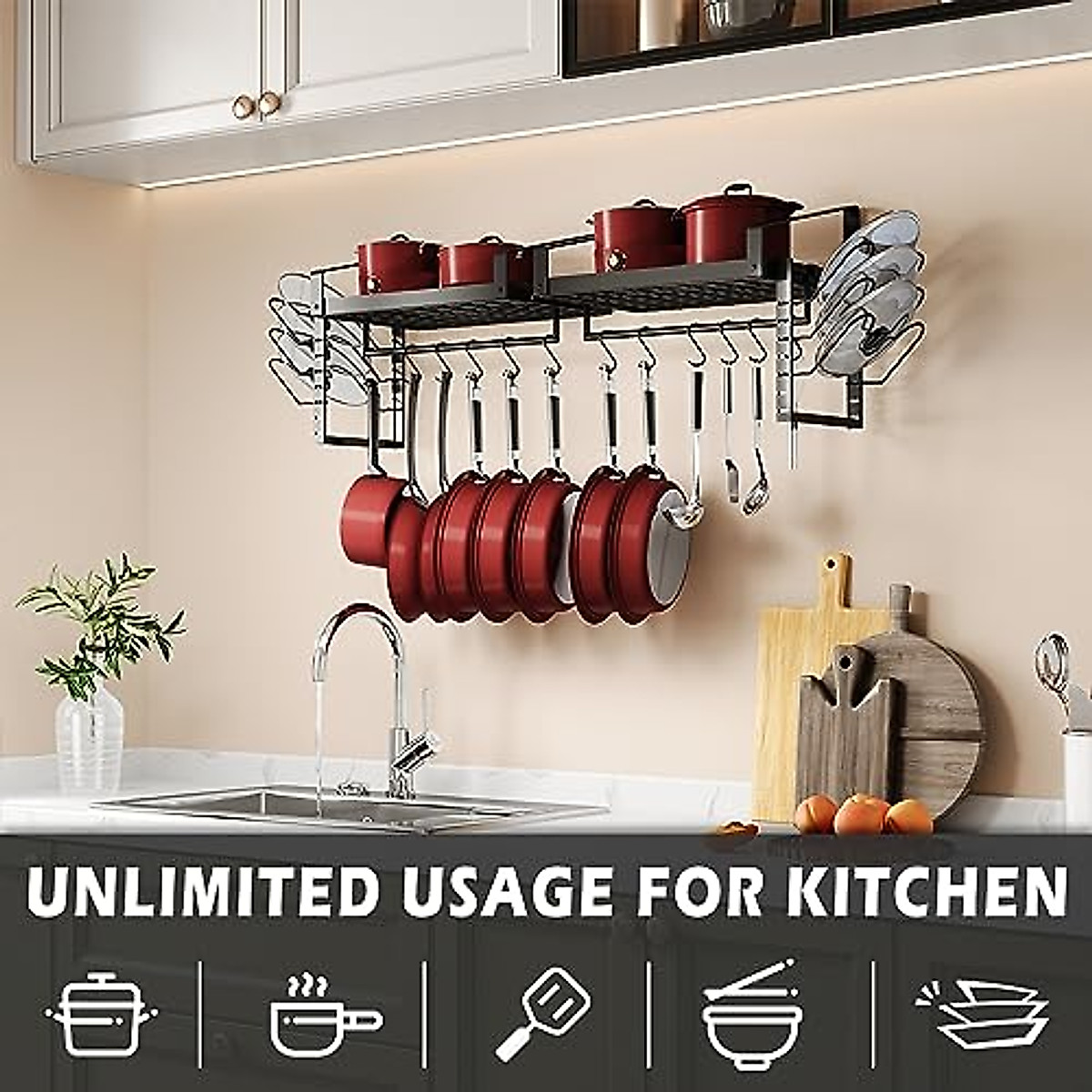 KINDEN 2 Pack 23 Inch Pot Rack Wall Mounted,Hanging Pot Organizer and Pans Lids Storage, Kitchen Cookware Hanging Shelves with 12 Hooks (Black)