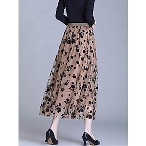 Reaowazo Skirts for Women Midi Long Length Dressy Casual Trendy Summer Tulle A-Line Floral High Waist Skirt Khaki 2XL-3XL