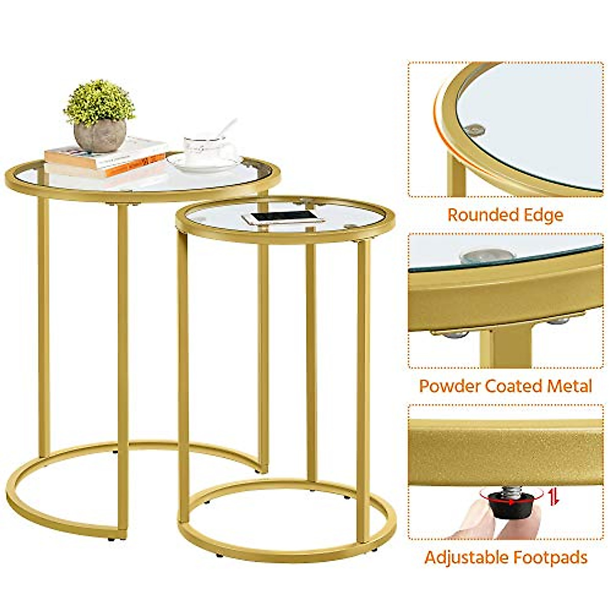 Yaheetech Round Nesting Side Table Stacking Coffee Table, Set of 2 Circular Modern End Tables w/Metal Frame & Tempered Glass Top & Protective Foot Pads for Small Space Living Room Bedroom Office