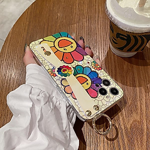 Lastma for iPhone 13 Pro Max Case Cute with Wrist Strap Kickstand Glitter Bling Cartoon IMD Soft TPU Shockproof Protective Cases Cover for Girls and Women - Sunflower