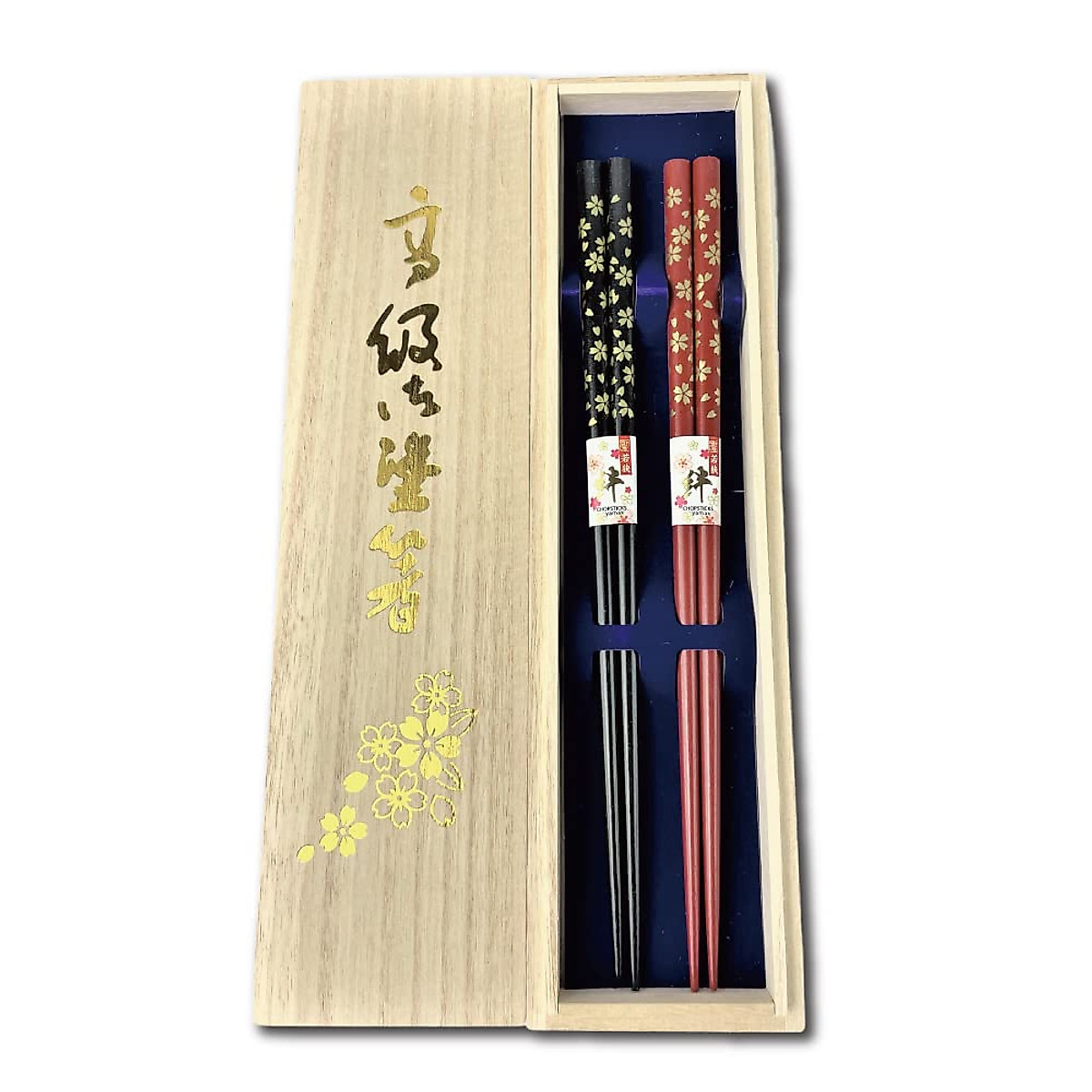 Premium Japanese Chopsticks Reusable 2prs Set [ Made in Japan ] Traditional Lacquer Art Wooden Chopsticks A (Golden Floret BK/RD(2KR006))