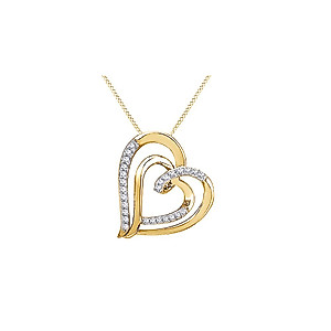 Jewel Zone US Round White Natural Diamond Double Heart Pendant Necklace in 14k Yellow Gold Over Sterling Silver (1/6 Ct)